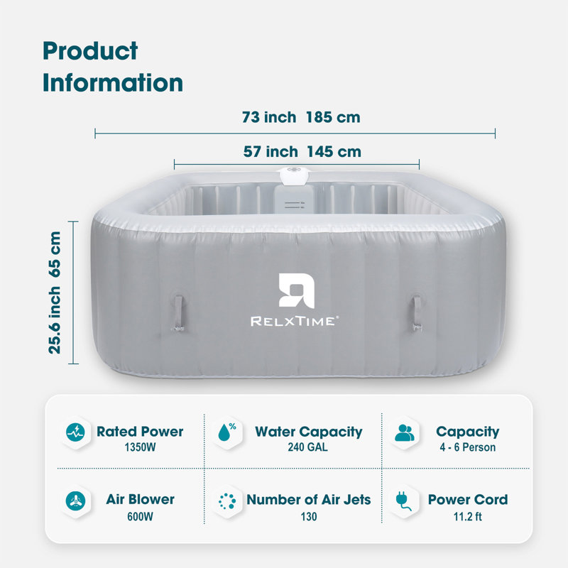 RELXTIME Inflatable Hot Tub 4-6 Person, Blow Up Spa Square Portable Outdoor Hottub, 130 Soothing ...